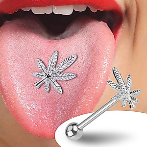 Leaf Shaped Tongue Ring Internally Stainless Steel Threaded Tongue Stud Leaf Tongue Piercing Jewelry
