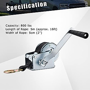 ATPEAM Boat Trailer Winch, Heavy Duty Hand Winch with 5m Black Strap Gear Hand Winch with Crank Handle, Manual Winch for Towing (800LBS)
