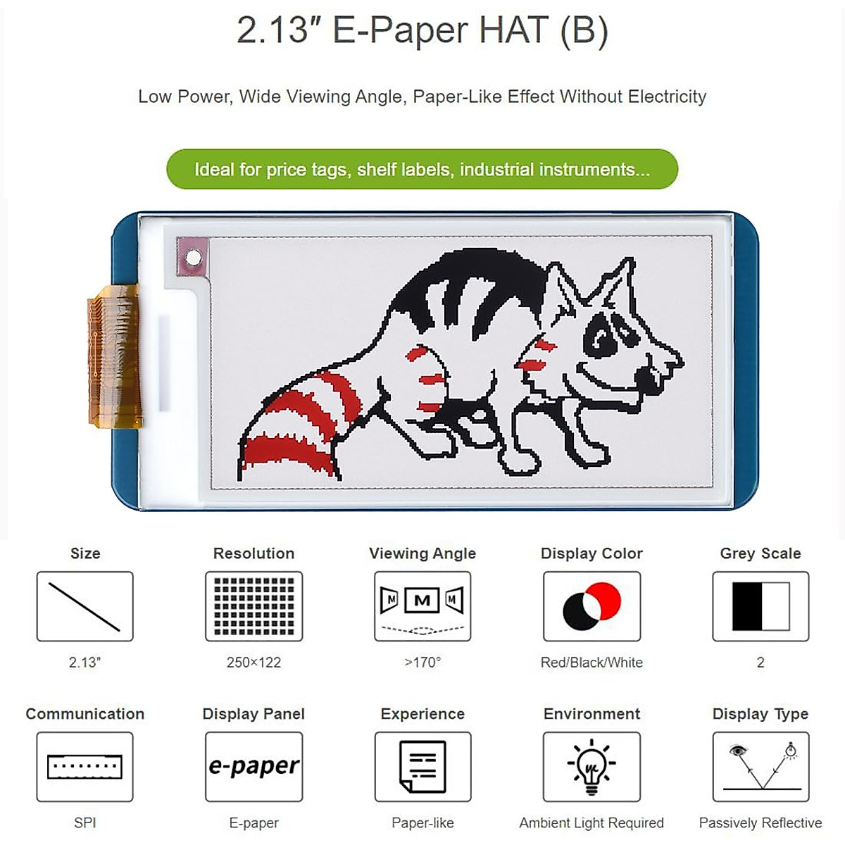2.13inch e-Paper HAT for Raspberry Pi 4B/3B+/3B/2B/Zero/Zero W/ Zero2W/WH/forArdui/Jetson Nano/STM32, 250x122 Pixel White Black Red Three-Color E-Ink Display Screen, SPI Interface Full Refresh