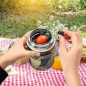 CUPADA Beige Cat Food Jar, Funny Insulated Hot Food Jars Vacuum 17OZ with Folding Spoon for Work Trip Picnic Camping