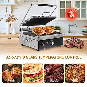 EASYROSE Panini Press Sandwich Maker 6 Slice Commercial Sandwich Press Grill, Electric Panini Maker with 15"x11" Non-Stick Iron Plate, 32-572°F Temp Control Indoor Grill for Steak, 1800W (CPG-175)
