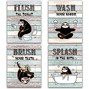FALJIOK Funny Sloth Bathroom Decor Wall Art Sign, Rustic Farmhouse Wood Sloth Bathroom Rules Wall Art for Kids, Sloth lover, Nursery, Wash Brush Flush, 4set,8”X10” Unframed