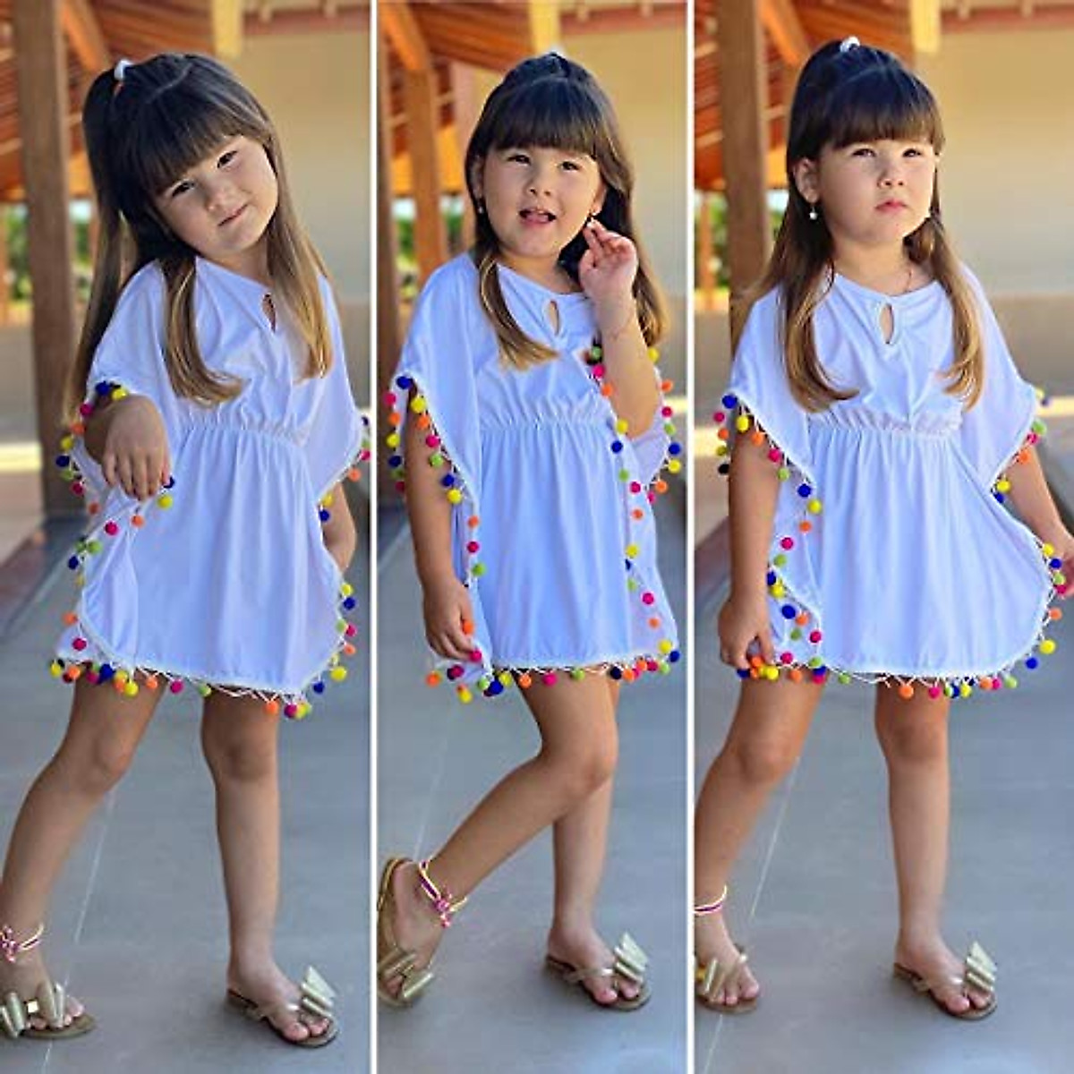 Tiacham Toddler Baby Girls Swimsuit Coverup Beach dresses Tassels Cover Up Pompom Poncho Rash Guards (White, 3-4T)