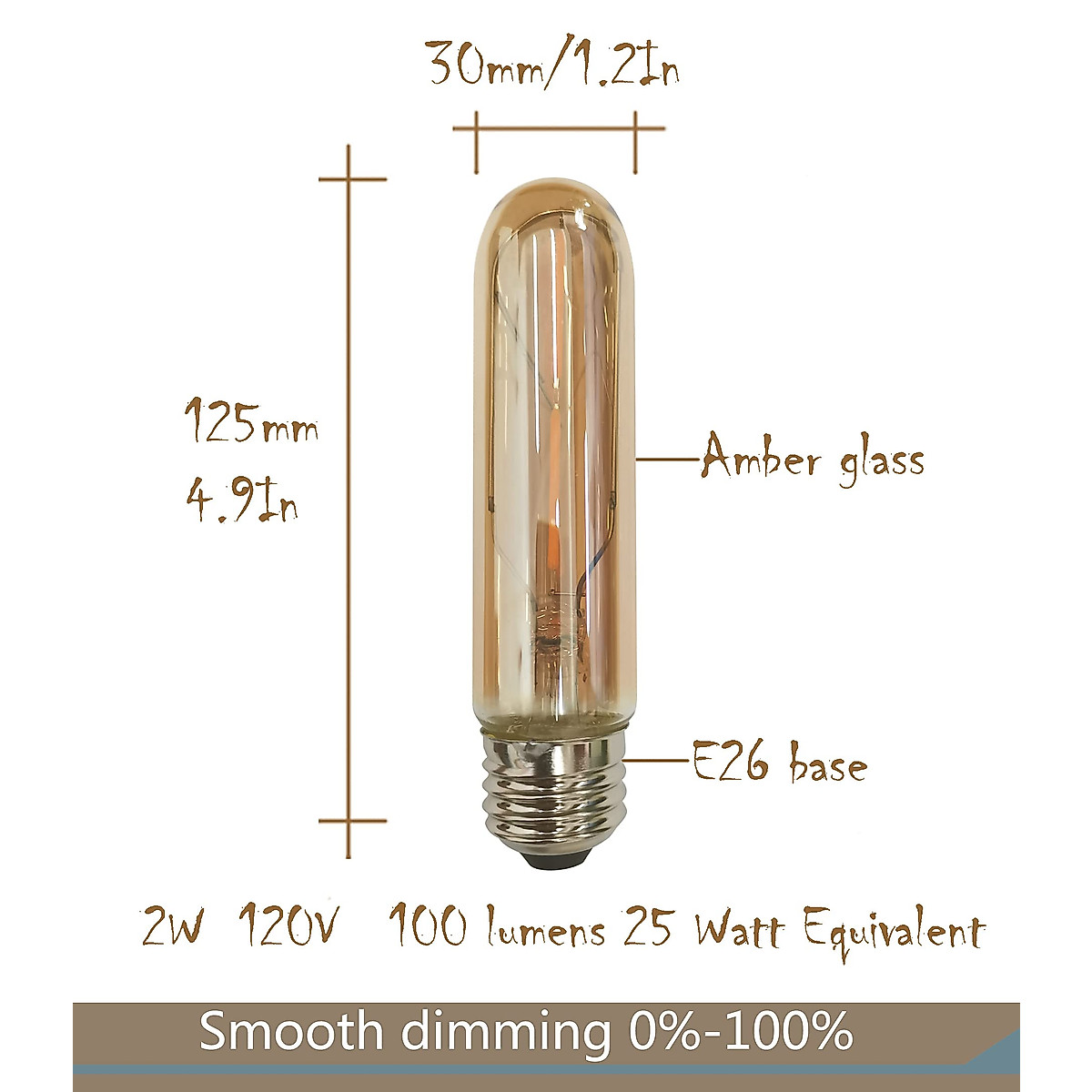 CTKcom T10 E26 Amber LED Light Bulb,Smooth Dimmable T10 Tubular Edison Light Bulbs,2 Watt 120V 2200K Warm White 140 lumens Vintage Edison Light Bulbs 25 Watt Equivalent,4 Pack