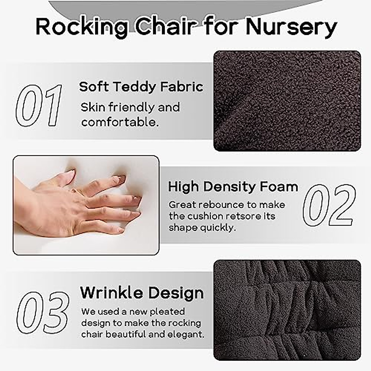 NIOIIKIT Nursery Rocking Chair, Teddy Upholstered Glider Rocker, Rocking Accent Chair with High Backrest, Comfy Rocking Accent Armchair for Living Room, Bedroom, Offices (Dark Grey Teddy)
