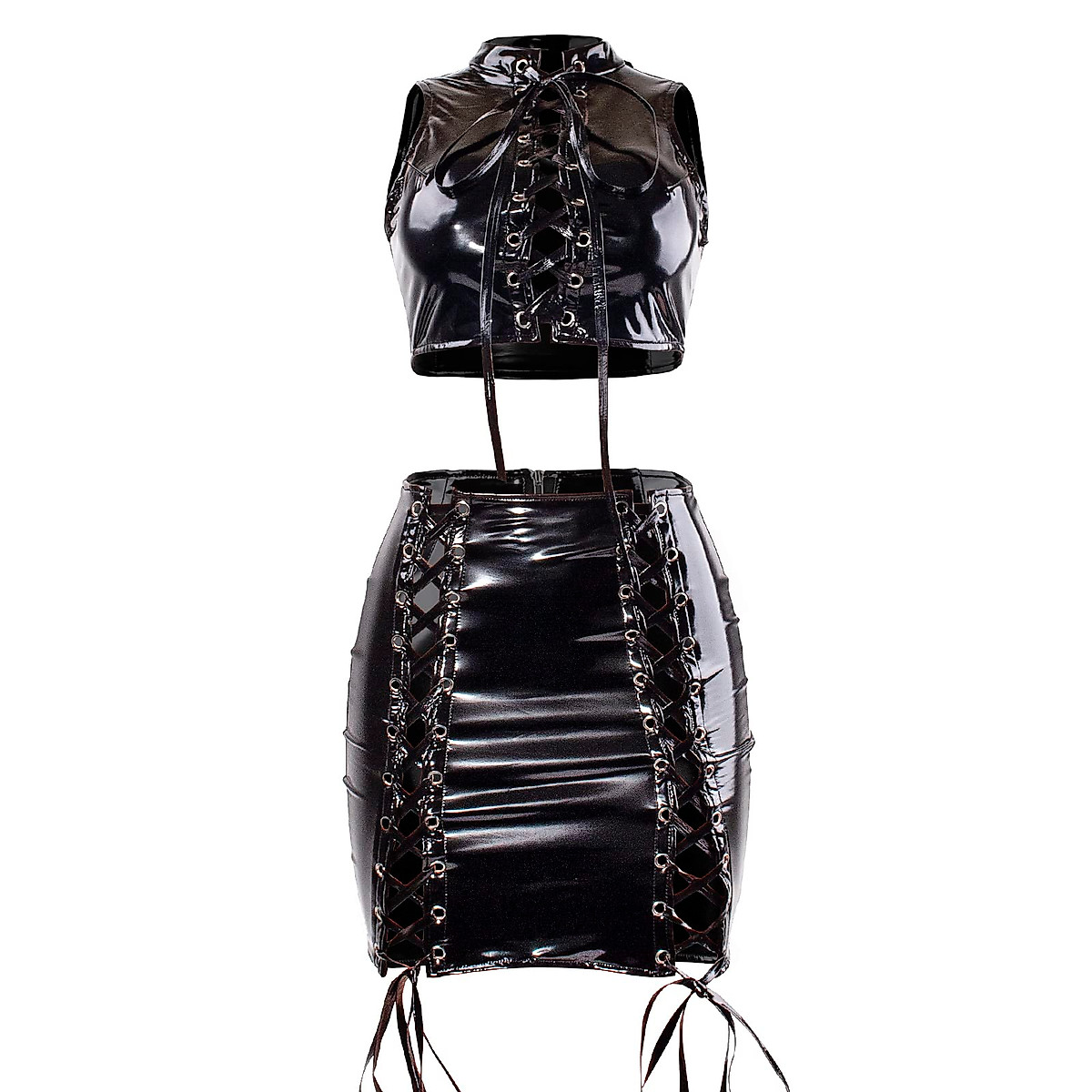 VWIWV Women's Bandage Faux Leather Dress Criss Cross 2 Piece Lace Up Crop Top and Bodycon Mini Skirt Sets Outfits Black