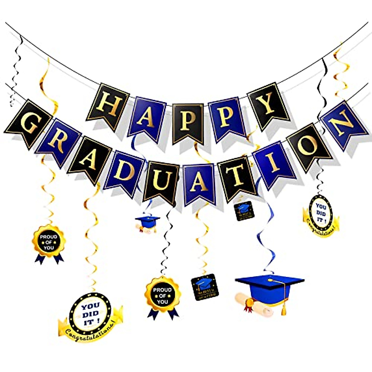 Graduation Party Decorations 2022, Happy Graduation Banner Garland Photo Backdrop Streamer and Blue graduation Cap, Proud of You Hanging Swirls for Ceiling Home Classroom