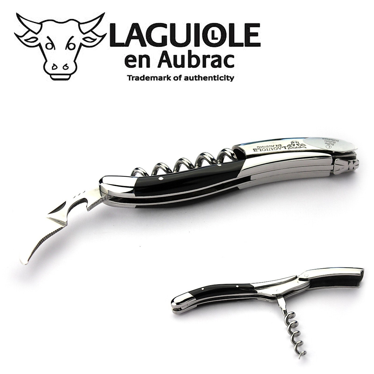 Laguiole En Aubrac Sommelier Waiter's Corkscrew, Buffalo Horn Handle, Wine Opener With Foil Cutter & Bottle Opener, Stainless Steel Shiny Bolsters
