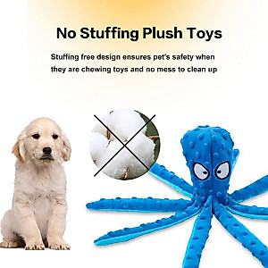 OKVSKO Dog Squeaky Toys Plush Chew Toy Crinkle No Stuffing Octopus Stuffed Duck Pet Interactive Toy Durable with Squeaker for Puppies, Small, Medium, and Large Dogs 2 Pack