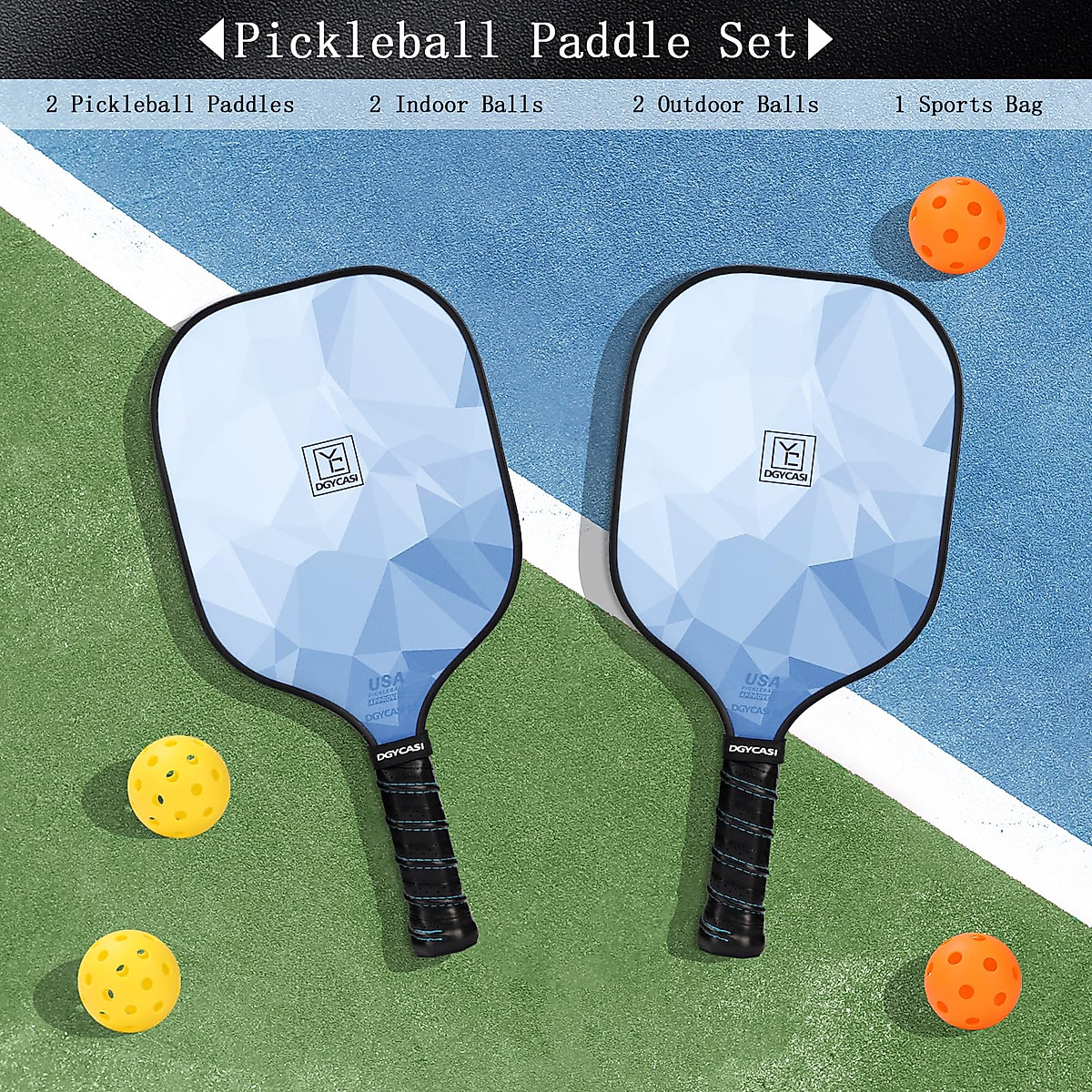 Pickleball Paddles Set of 2, 2024 USAPA Approved, Carbon Fiber Surface (CHS), Polypropylene Honeycomb Core, Anti-Slip Sweat-Absorbing Grip, 4 Pickleball, Portable Carry Bag (Blue)