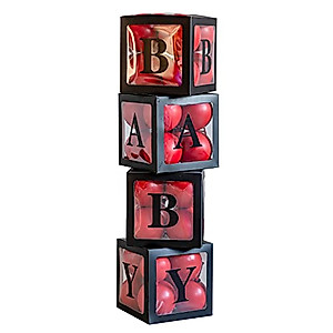 4pcs Transparent Baby Boxes,Clear Balloon Boxes Backdrop with 16 Letters,Transparent Baby Shower Blocks for Boys and Girls 1st Birthday Party, Gender Reveal Party Decorations (Black)