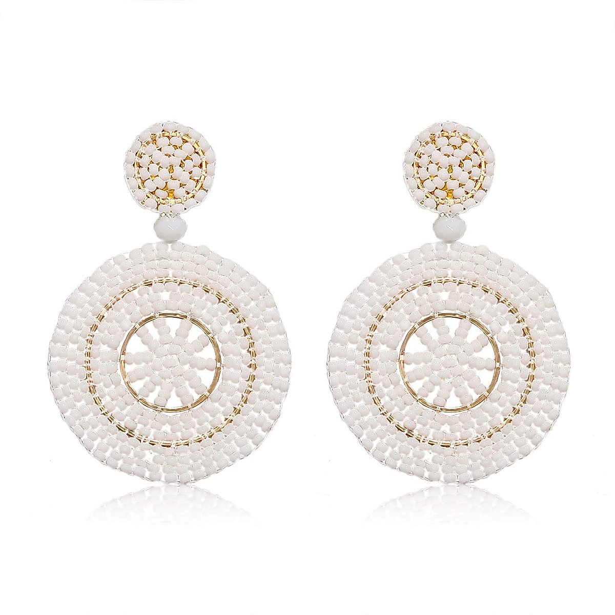 CEALXHENY Beaded Drop Earrings for Women Handmade Colorful Bead Earrings Bohemia Hoop Dangle Earring for Women (D White)