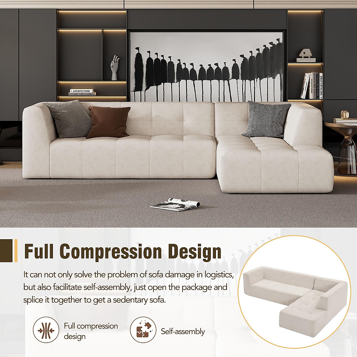 Olodumare 110.2" Minimalist Modular Sectional Sofa Cloud Couch, Modular 2 Pieces Deep Seat Couch for Living Room, Upholstered 4-Seater L-Shaped Sofa with Chaise for Bedroom,Office,Chenille (Beige)