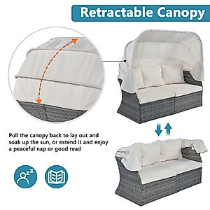 Merax Outdoor Patio Furniture Set, Daybed Sunbed with Retractable Canopy, Patio Conversation Set, Wicker Furniture Sofa Set for Lawn/Garden/Pool/Porch, Grey+Beige