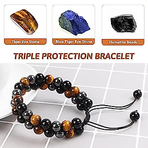 MIDON Mens Bracelets Beads, Triple Protection Bracelet for Men Women, Yellow Tiger Eye Black Obsidian Hematite Natural Crystal 10mm Beads Bracelet Bring Prosperity Luck and Happiness