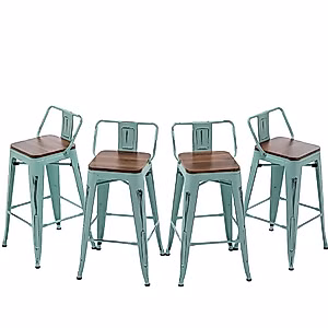 Andeworld Bar Stools Set of 4 Counter Height Stools Industrial Metal Barstools with Wooden Seats(24 Inch, Distressed Green Blue)