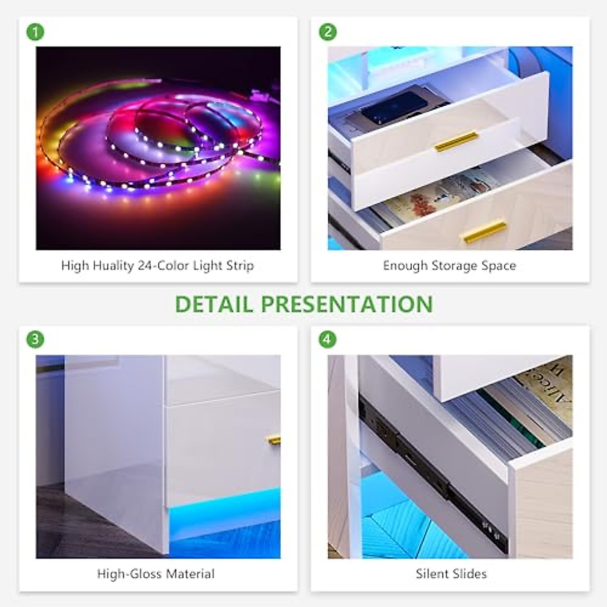 HNEBC LED Nightstand, RGB White Night Stand with USB/Wireless Charging Station, Modern Bedside Table has Auto Sensor RGB Lights, End Side Table with 2 Drawer for Bedroom Furniture, White