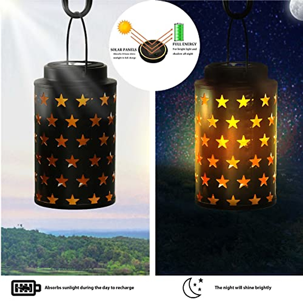 JHY DESIGN 2 Pack Solar Lantern Lights Outdoor Solar Powered Table Lamp Lights Hanging Garden Lamp Metal Lantern with Handle for Patio Garden Outdoor Walkway Yard Landscape Park Lawn(Hollow Stars)