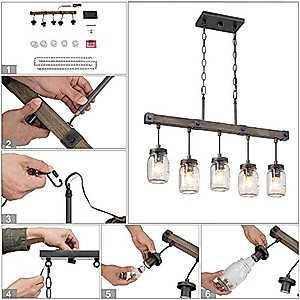 Mason Jar Chandelier, 5-Light Farmhouse Chandelier for Dining Room, 25.5" Rustic Island Lighting with Clear Glass Globes