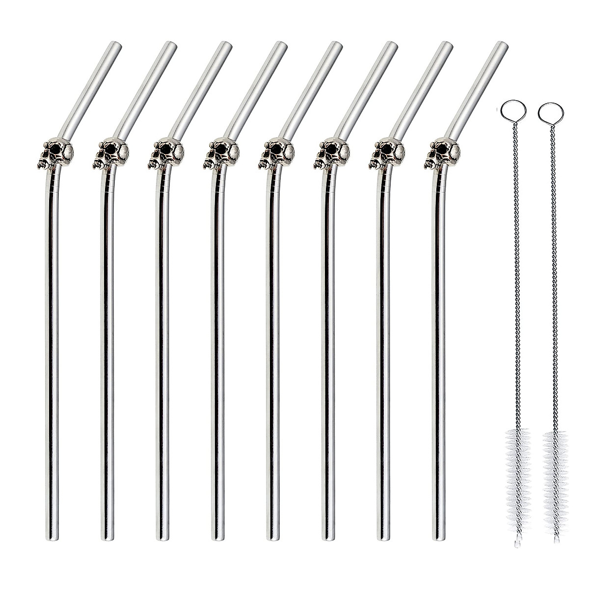 Stainless Steel Straws - 8 Pcs Skull Decor Halloween Reusable Drinking Straws + 2 Pcs Straw Squeegee for Suitable cup depth 6 Inch (Silver Canine Teeth)