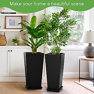 Elevens Set of 2 Tall Outdoor Planters 24 Inch, Large Planters for Indoor Outdoor Plants, Tapered Square Flower Pots with Tray for Patio,Black