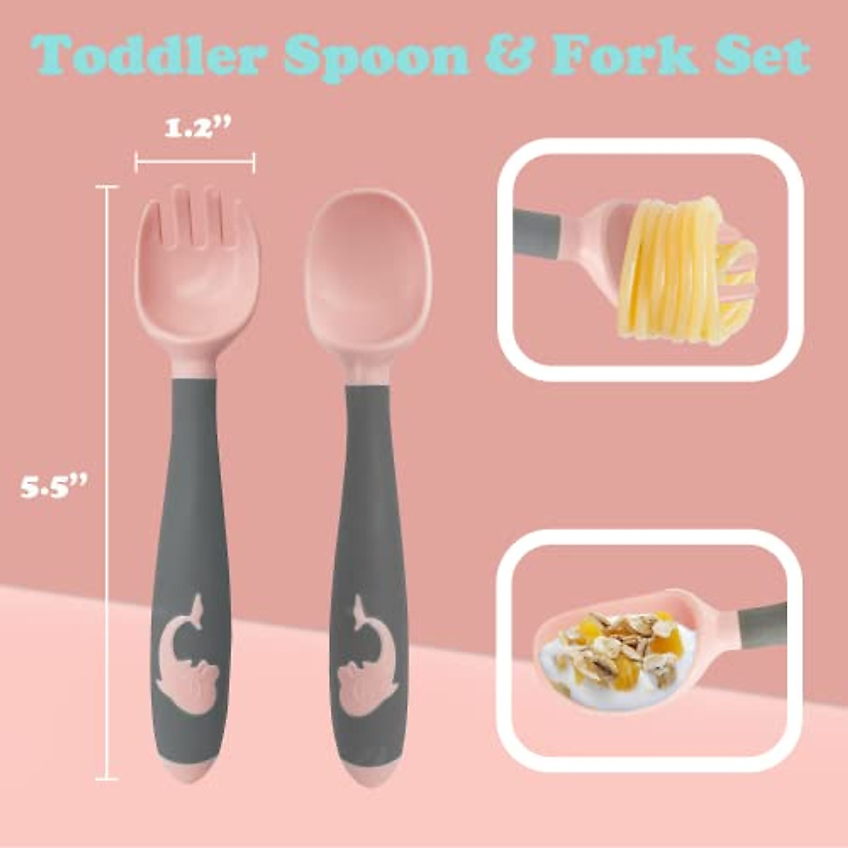 CocoMeiwei Toddler Utensils,Baby Silicone Spoon and Fork Set with Bendable Handle for Kids Self-feeding Learning,BPA Free Toddler Flatware 4 Pieces