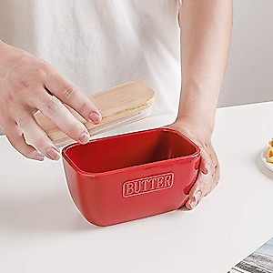 KOOV Porcelain Butter Dish with Lid for Countertop, Airtight Butter Container with Oak Lid, Butter Dishes with Covers, Butter Crock Boat-shaped Series (Red)