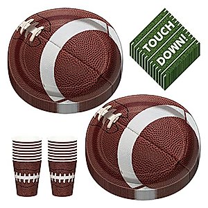 Football Party Game Ball Oval Paper Dinner Plates, Beverage Napkins, and Beverage Cups (Serves 16)