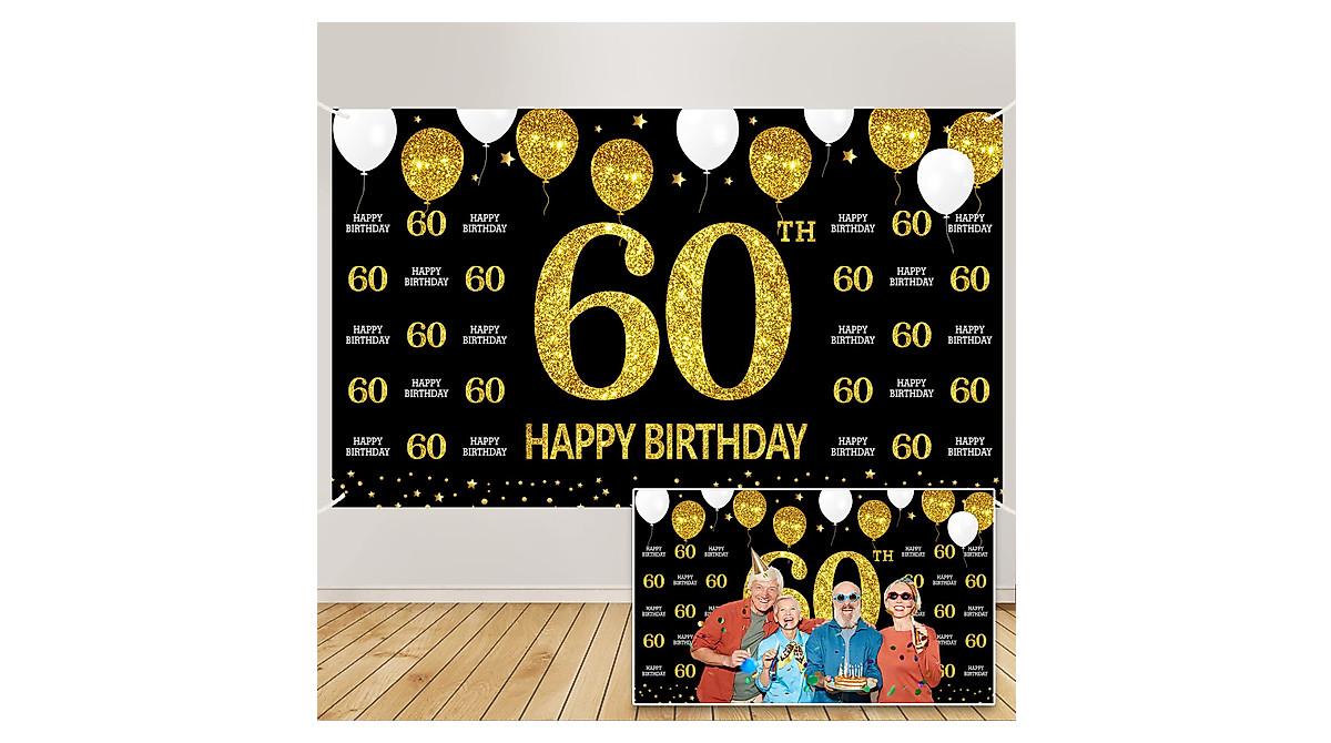 60th Birthday Decorations Banner - Elegant Black Gold Celebration