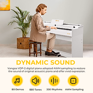 Vangoa Digital Piano 88 Keys Weighted Hammer Action Home Digital Piano Full size White with Furniture Stand, Flip Key Cover, Three Pedals and Power Adapter
