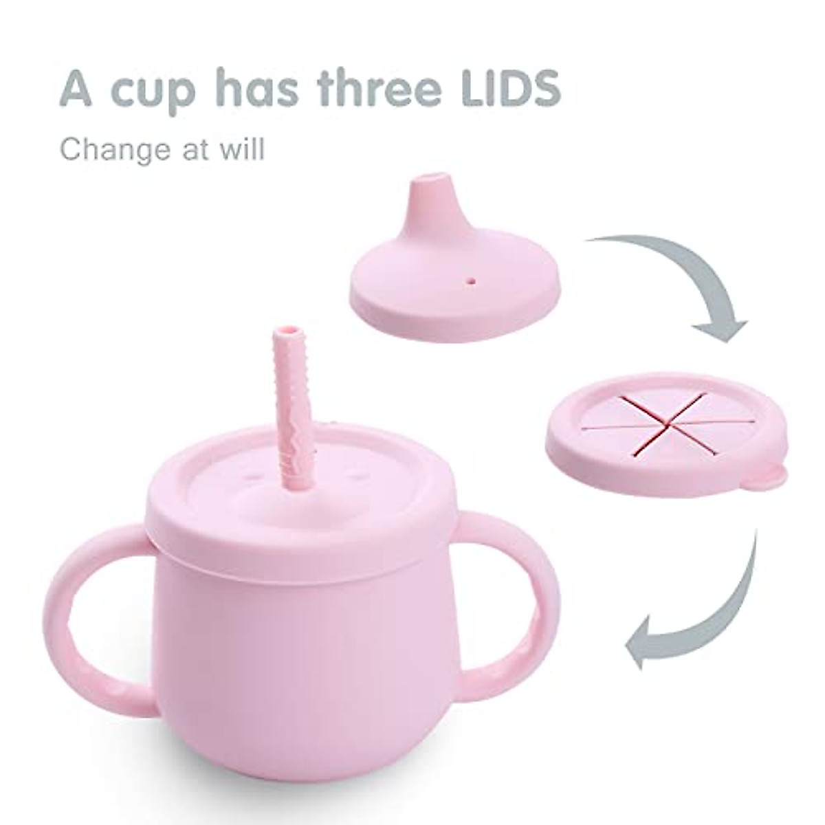 teanpoon 3-in-1 Silicone Baby Cup with Straw & Snack Cup Lid, Spill-Proof Sippy Cup for Toddlers 12M+, 8.5oz Capacity(pink)