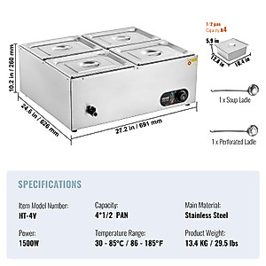 VEVOR 110V 4-Pan Commercial Food Warmer, 1200W Electric Steam Table 15cm/6inch Deep, Professional Stainless Steel Buffet Bain Marie 48 Quart for Catering and Restaurants