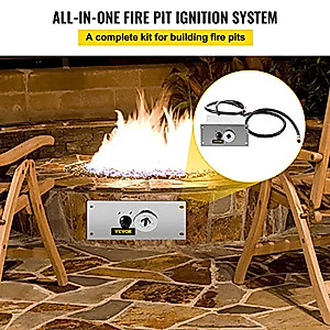 VEVOR Fire Pit Gas Burner Spark Ignition Kit, 300K BTU Fire Pit Ignition System, Stainless Steel Fire Pit Igniter, All-in-One Fire Pit Kit with Key Valve, Electric Igniter and 2 PVC Connecting Hoses