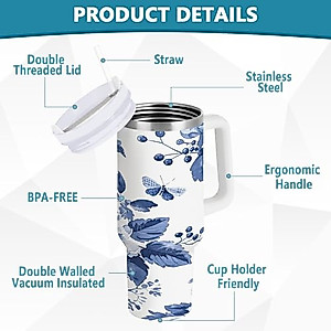 RPLIFE Blue and White Floral Tumbler with Handle and Straw, Stainless Water Bottle, Insulated Cups with Lids, Tumbler for Men
