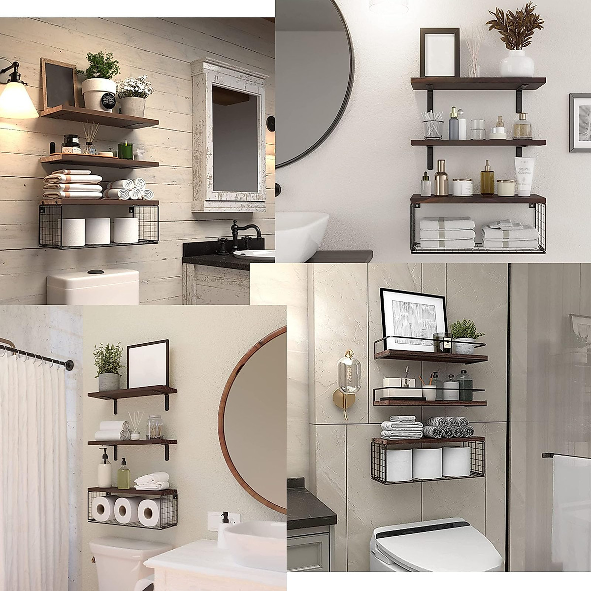 XHGUKC Towel Racks for Bathroom Wall Mounted,3PCS Floating Shelves with Storage Basket, Bathroom Organizers, Wall Mounted Rustic Wood Shelves for Bathroom, Bedroom, Living Room, Kitchen(Dark Brown)