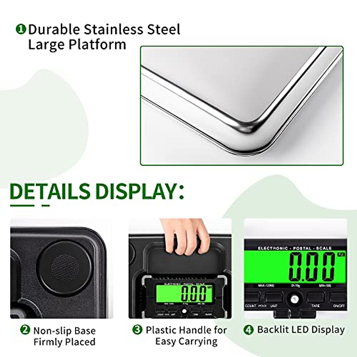 Shipping Scale, 264lbs Shipping Postal Scale with 10g High Precision, Postal Scale with Tare/Hold/Count, Stainless Steel Large Platform, Backlit LCD Display, Battery & USB Power Supply Included