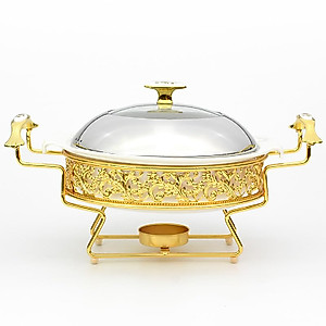 13inch Buffet Food Tray Stainless Steel Chafing Buffet Dish Round Chafer Full Size Food Warmer Heating Pan Large Capacity Serving Tray with Lid for Home Restaurant Canteen Warm Buffet Server,Gold