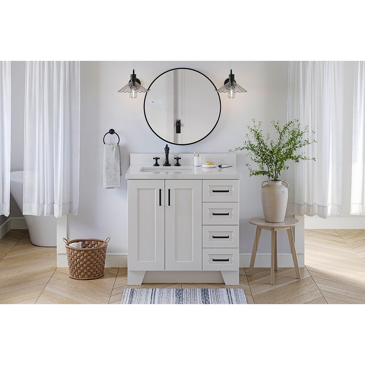 ARIEL 37" White Bathroom Vanity with 1.5" Edge Pure White Quartz Countertop & Backsplash, Left Rectangular Sink, 2 Soft Closing Doors, 5 Full Extension Dovetail Drawers, Toe Kick, Matte Black