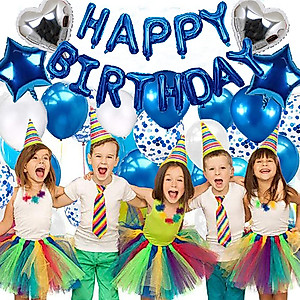Blue Birthday Party Decorations Set with Blue Happy Birthday Balloons Banner, Confetti and Latex Balloon, Heart Star Foil Balloon, Foil Fringe Curtain for Blue Theme Birthday Party Supplies