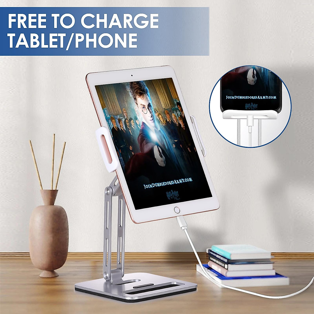 Yoobao Tablet Stand Holder, [Tightness Adjustable] 360° Swivel Foldable Aluminum iPad & Phone Stand for Desk with Heavier Base, Fit for 4.7"-12.9" Microsoft Surface Pro/iPad- Silver