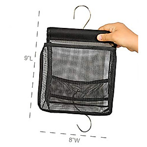 Home-X Hanging Organizer with 1 Pocket, Mesh Shower Caddy, Bath Organizer, Storage for Dorm Rooms, Swimming, Travel – Black - 9” x 8”