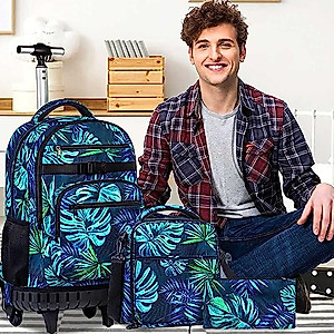 FTJCF 3pcs Rolling Backpack for Men, 21 Inche Adult Bag with Roller Wheels, Wheeled Bookbag Set for Boys - Green