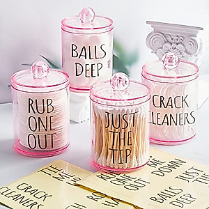 4 Pack Qtip Holder Dispenser with Lids and Labels - 10 oz Apothecary Jars Bathroom Vanity Canister Organizer for Cotton Balls, Pads, Swabs, Floss (Pink)
