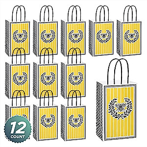 HOME & HOOPLA Queen Bee Yellow and Black Honeycomb Paper Gift Bags and Party Favor Bags, 5.25"x3.5"x8.25" (12 Pack)