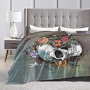 Flower Sugar Skull Throw Blanket Flannel Fleece Bed Blanket Cozy Air Conditioning Blanket Plush Blanket for Bedroom Living Sofa Car 80"x60"