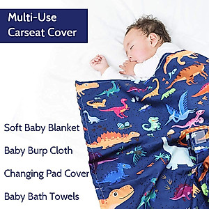 Dinosaur Baby Car Seat Canopy, Soft Plush Dotted Backing Baby Car Seat Cover, Nursing Cover Breastfeeding Scarf, Infant Carrier Cover for Boys and Girls