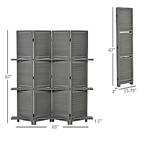 HOMCOM 4 Panel 67" Tall Wood Privacy Screen Room Divider with 3 Display Shelves, and Folding Storage for Bedroom or Home Office, Grey