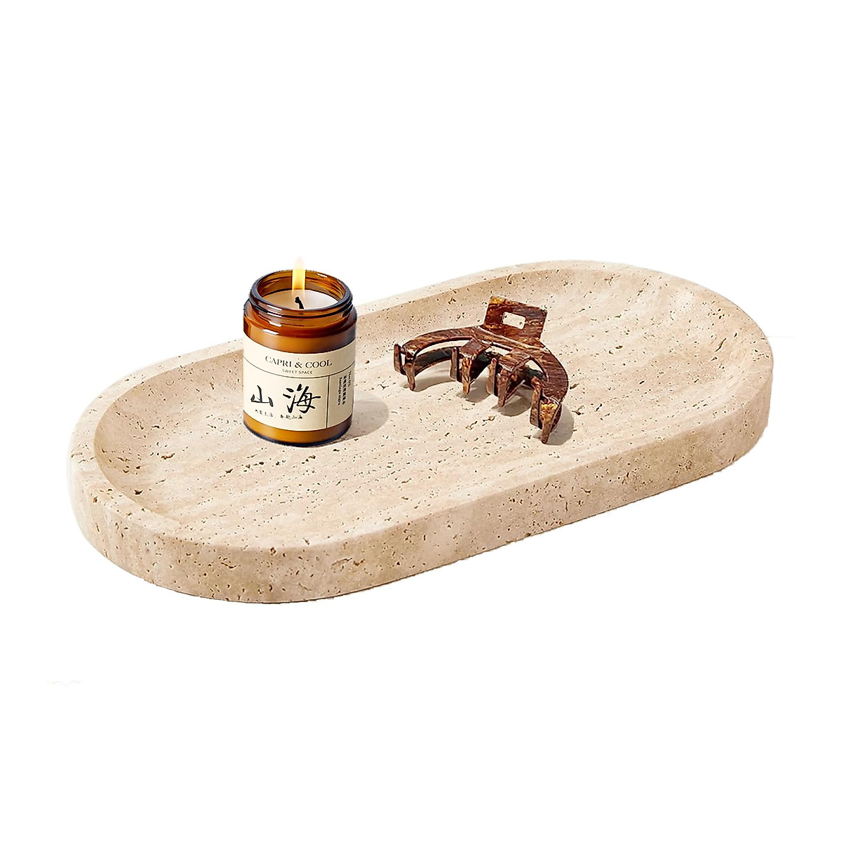 Natural Oval Beige Marble Tray 11.8 x 5.9inches, Travertine Stone Tray Bathroom Vanity Tray Catchall Tray for Jewelry Perfume Candle, Large Decorative Tray for Nightstand/Bedroom/Counter/Home Decor