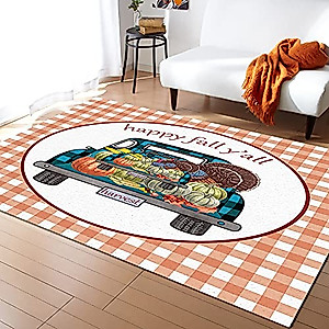 Indoor Area Rugs Thanksgiving Turkey Autumn Pumpkin Truck Non-Slip Floor Mats Orange Grid Rectangular Carpet Soft Washable Rugs for Living Room/Bedroom/Hallway Home Decor - 4x6 Feet