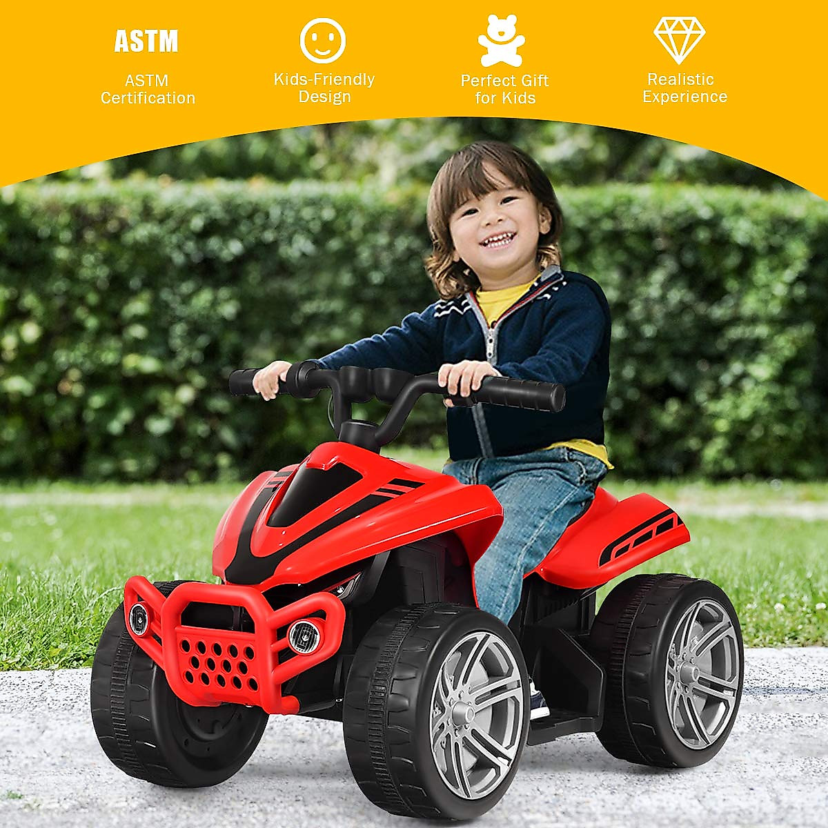 Costzon Kids ATV, 6V Battery Powered Electric Vehicle, 2 Speeds, Forward/Reverse Switch, Rear Wheeler Motorized Mini Toy Car, Ride on Car 4 Wheeler Quad for Boys & Girls Gift, Ride on ATV (Red)